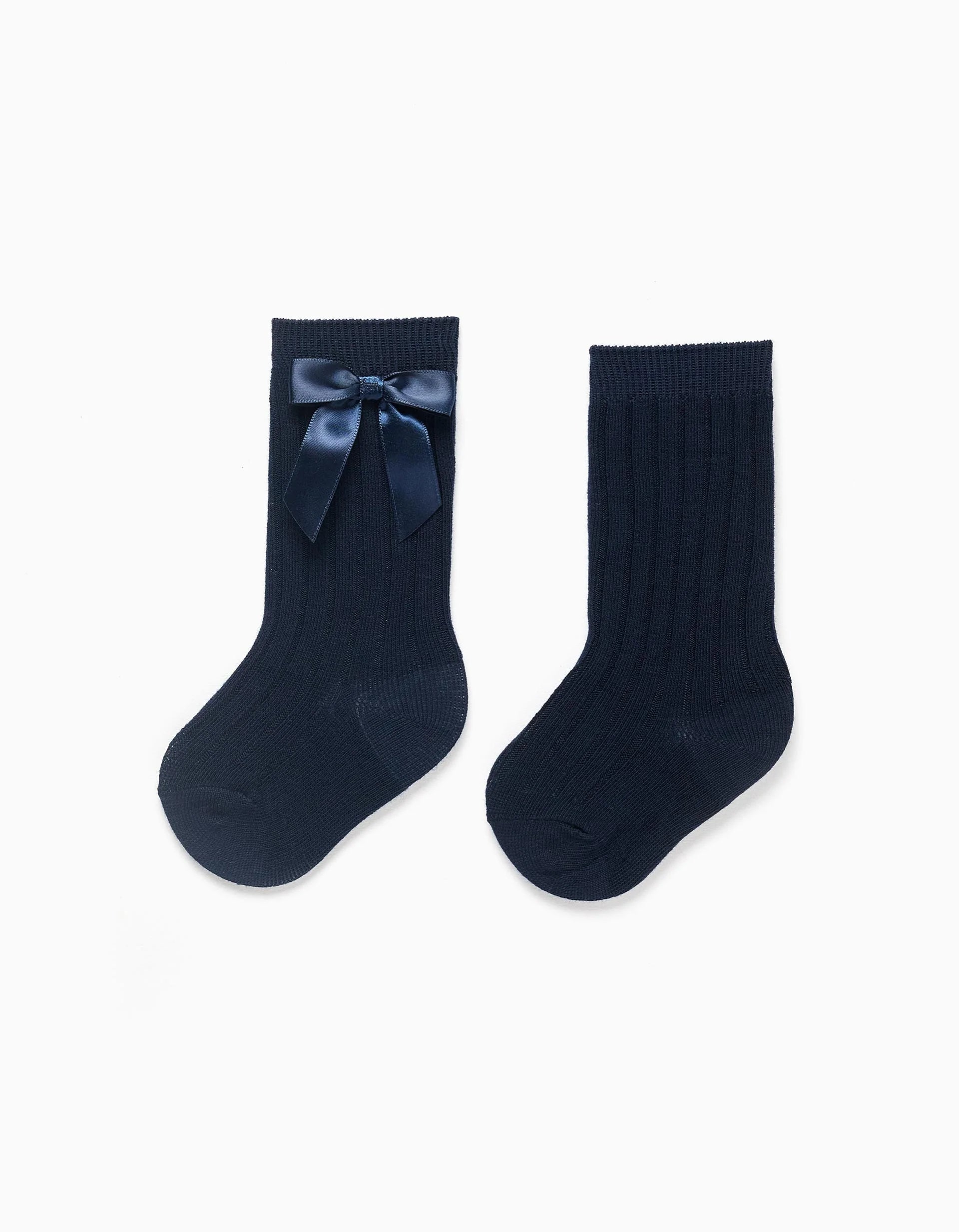 Ribbed Knee High Socks with Bow for Baby Girls, Dark Blue – Zippy